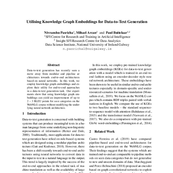 Utilising Knowledge Graph Embeddings For Data To Text Generation Acl
