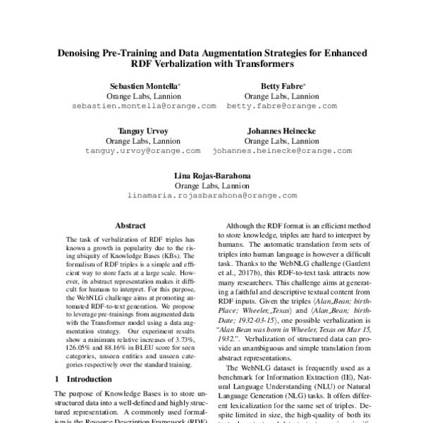 Denoising Pre-Training and Data Augmentation Strategies for Enhanced RDF Verbalization with ...
