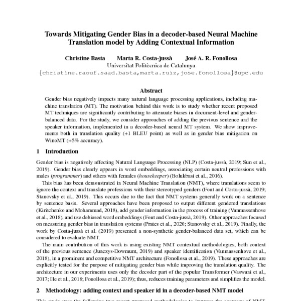 Towards Mitigating Gender Bias in a decoder-based Neural Machine ...