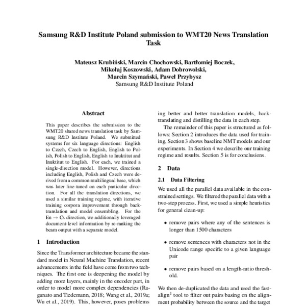 Samsung R&D Institute Poland submission to WMT20 News Translation Task ...
