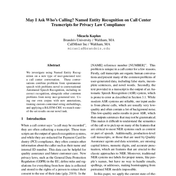 May I Ask Who’s Calling? Named Entity Recognition on Call Center Transcripts for Privacy Law ...