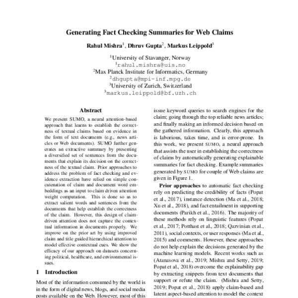 Generating Fact Checking Summaries For Web Claims Acl Anthology