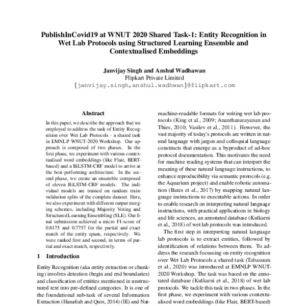 PublishInCovid19 at WNUT 2020 Shared Task-1: Entity Recognition in Wet Lab Protocols using ...
