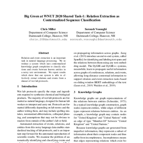 Big Green At Wnut 2020 Shared Task 1 Relation Extraction As