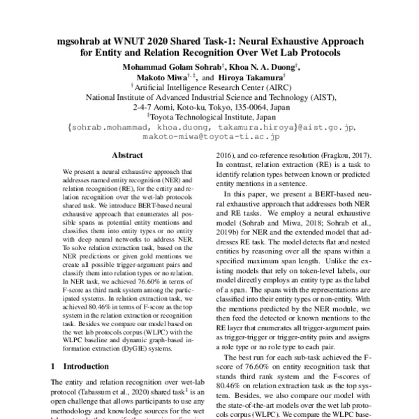 Mgsohrab At Wnut 2020 Shared Task 1 Neural Exhaustive Approach For Entity And Relation