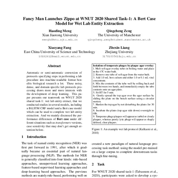 Fancy Man Launches Zippo at WNUT 2020 Shared Task-1: A Bert Case Model for Wet Lab Entity ...