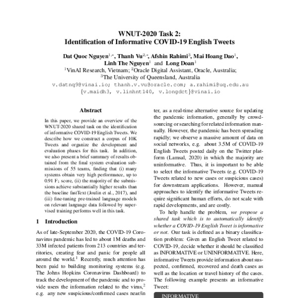 WNUT-2020 Task 2: Identification of Informative COVID-19 English Tweets - ACL Anthology