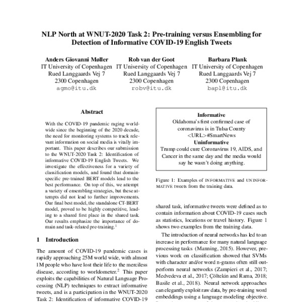 NLP North at WNUT-2020 Task 2: Pre-training versus Ensembling for Detection of Informative COVID ...