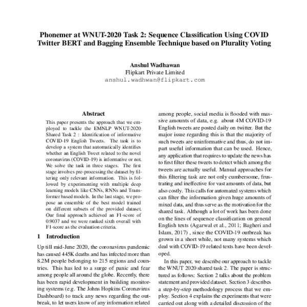 Phonemer at WNUT-2020 Task 2: Sequence Classification Using COVID Twitter BERT and Bagging ...