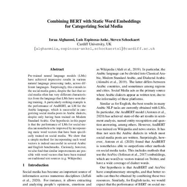 Combining BERT with Static Word Embeddings for Categorizing Social Media - ACL Anthology