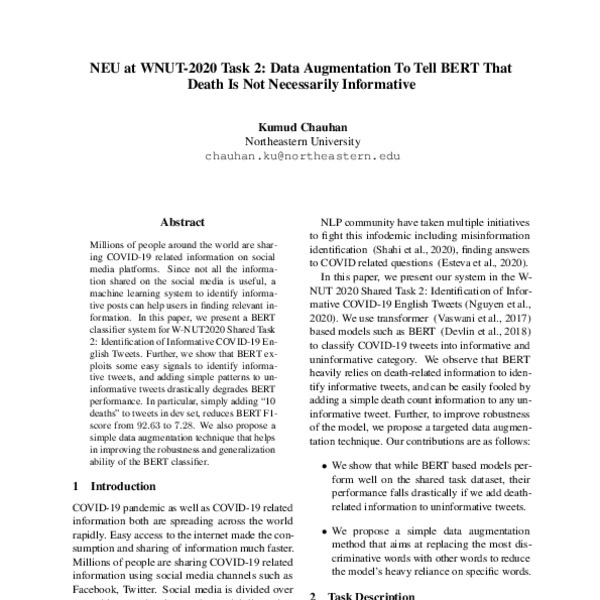 Neu At Wnut 2020 Task 2 Data Augmentation To Tell Bert That Death Is