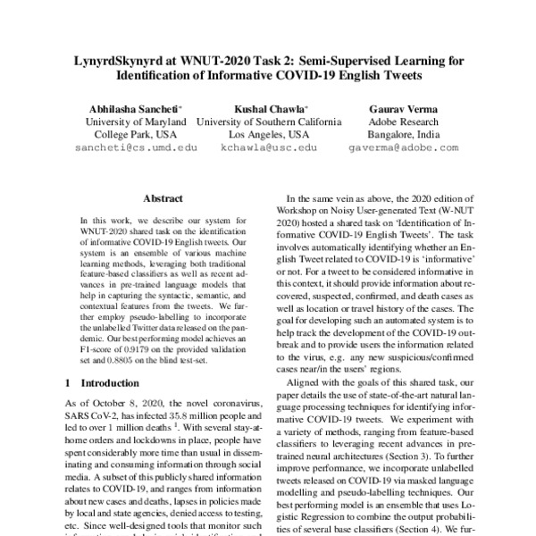 LynyrdSkynyrd at WNUT-2020 Task 2: Semi-Supervised Learning for Identification of Informative ...