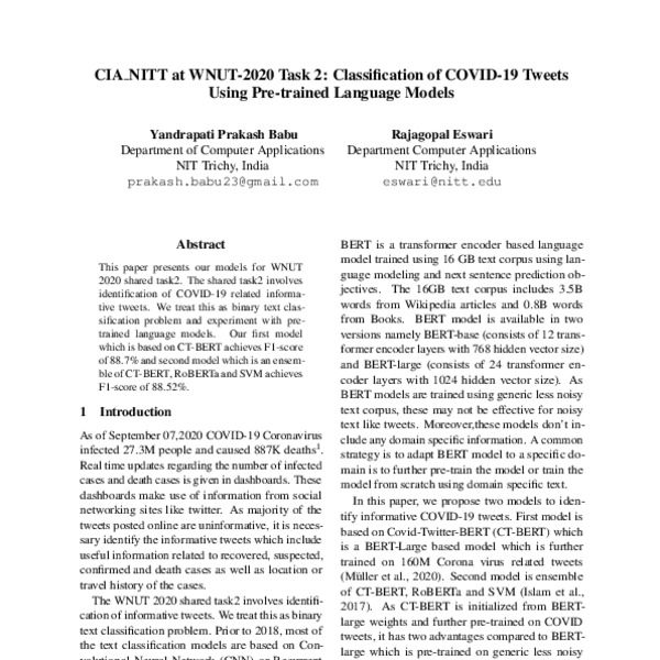CIA_NITT at WNUT-2020 Task 2: Classification of COVID-19 Tweets Using Pre-trained Language ...