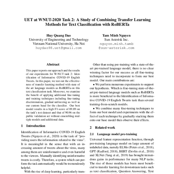 UET at WNUT-2020 Task 2: A Study of Combining Transfer Learning Methods for Text Classification ...