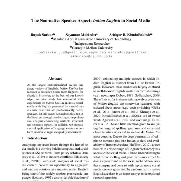 The Non-native Speaker Aspect: Indian English in Social Media - ACL ...