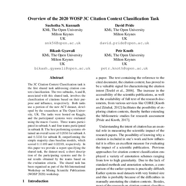 Overview Of The 2020 Wosp 3c Citation Context Classification Task Acl Anthology