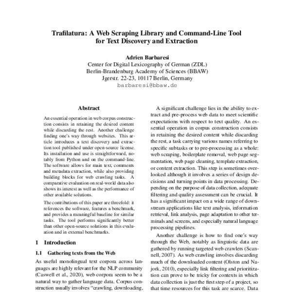 Trafilatura A Web Scraping Library And Command Line Tool For Text Discovery And Extraction