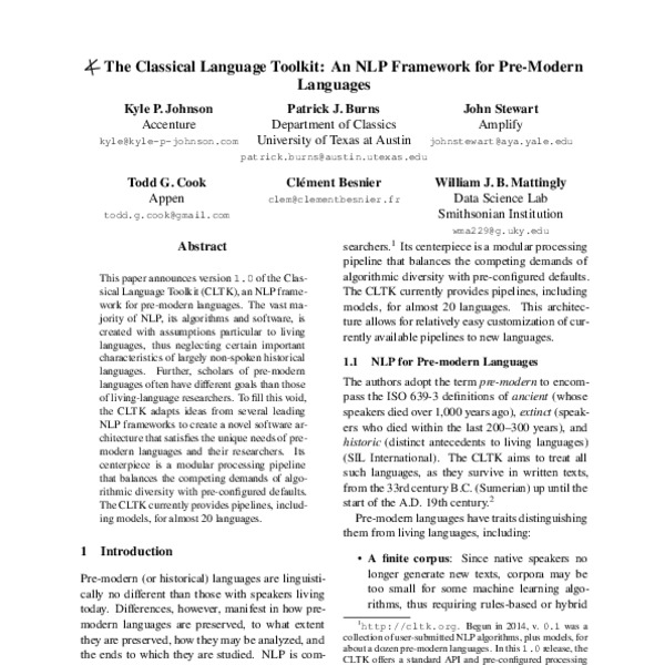 The Classical Language Toolkit An Nlp Framework For Pre Modern
