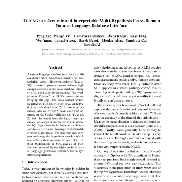 TURING: an Accurate and Interpretable Multi-Hypothesis Cross-Domain Natural Language Database ...