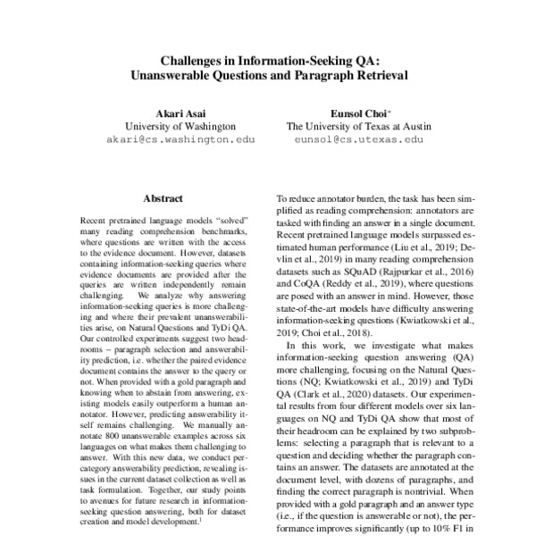 Challenges In Information Seeking Qa Unanswerable Questions And Paragraph Retrieval Acl Anthology