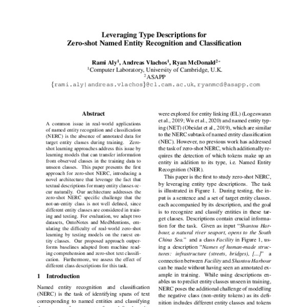 Leveraging Type Descriptions For Zero Shot Named Entity Recognition And Classification Acl
