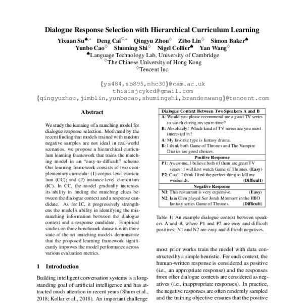 Dialogue Response Selection with Hierarchical Curriculum Learning - ACL Anthology