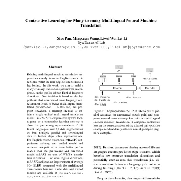 Contrastive Learning for Many-to-many Multilingual Neural Machine Translation - ACL Anthology