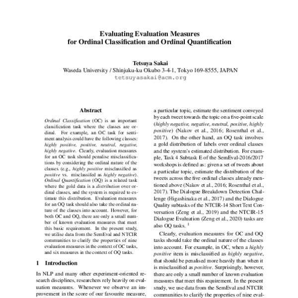 Evaluating Evaluation Measures For Ordinal Classification And Ordinal Quantification Acl Anthology
