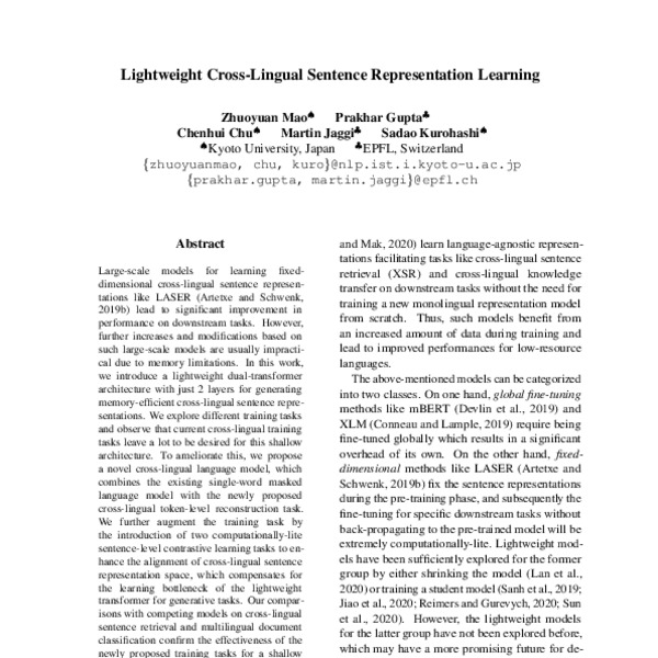 Lightweight Cross-Lingual Sentence Representation Learning - ACL Anthology