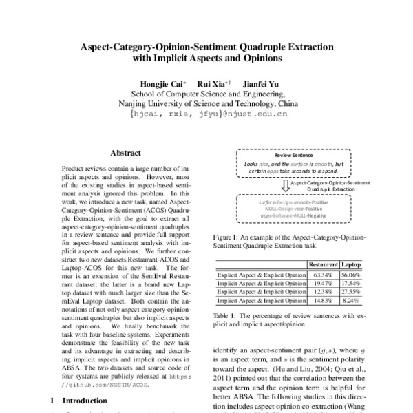 Aspect-Category-Opinion-Sentiment Quadruple Extraction with Implicit Aspects and Opinions - ACL ...