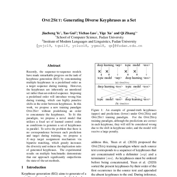 One2set Generating Diverse Keyphrases As A Set Acl Anthology