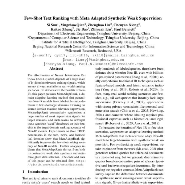 Few Shot Text Ranking With Meta Adapted Synthetic Weak Supervision