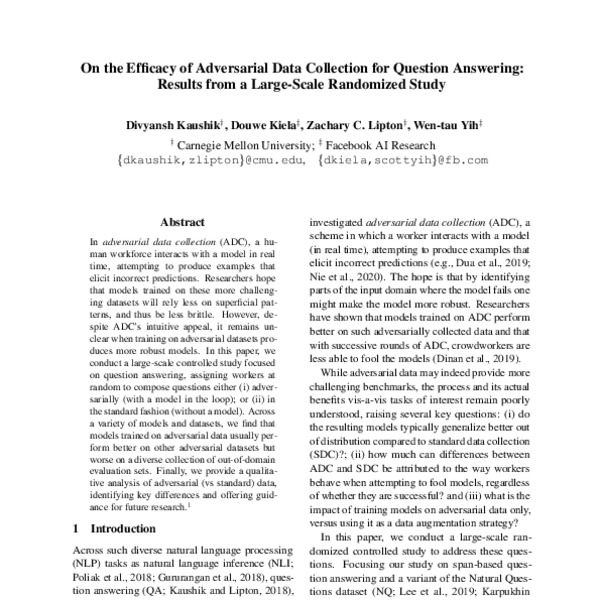 On The Efficacy Of Adversarial Data Collection For Question Answering Results From A Large