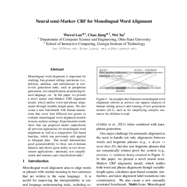 Neural semi-Markov CRF for Monolingual Word Alignment - ACL Anthology