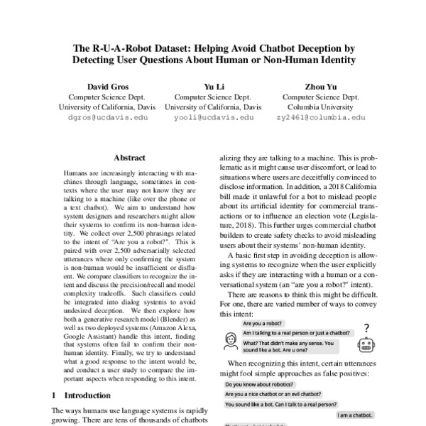 The R-U-A-Robot Dataset: Helping Avoid Chatbot Deception by Detecting User Questions About Human ...