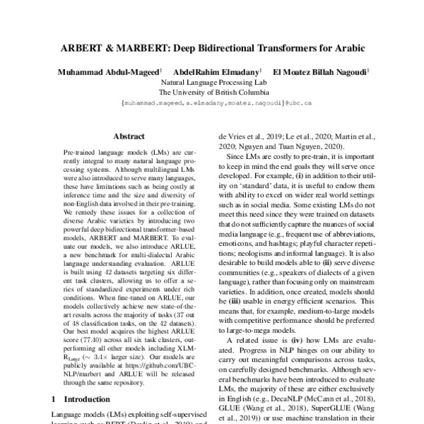 ARBERT & MARBERT: Deep Bidirectional Transformers for Arabic - ACL ...