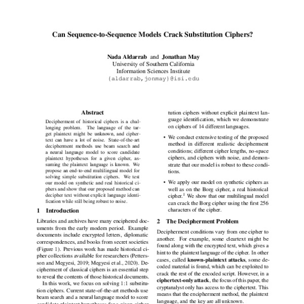 Can Sequence To Sequence Models Crack Substitution Ciphers Acl Anthology
