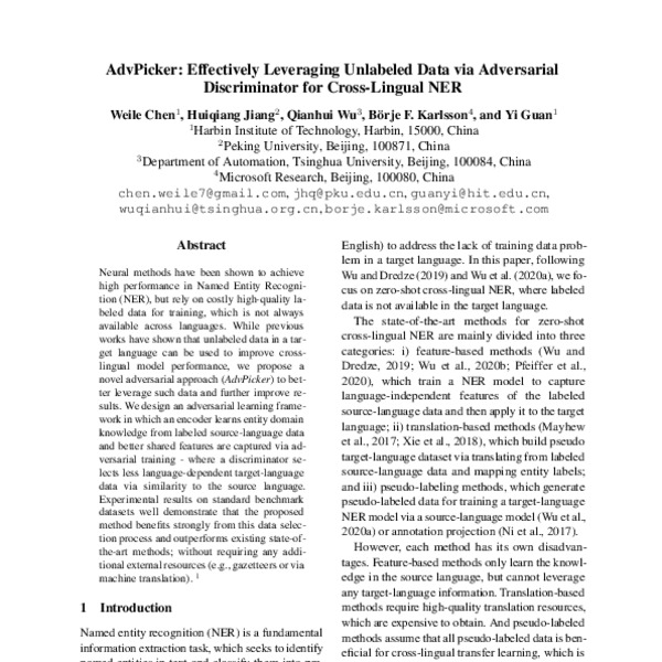 AdvPicker: Effectively Leveraging Unlabeled Data via Adversarial Discriminator for Cross-Lingual ...