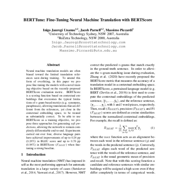 BERTTune: Fine-Tuning Neural Machine Translation with BERTScore - ACL Anthology