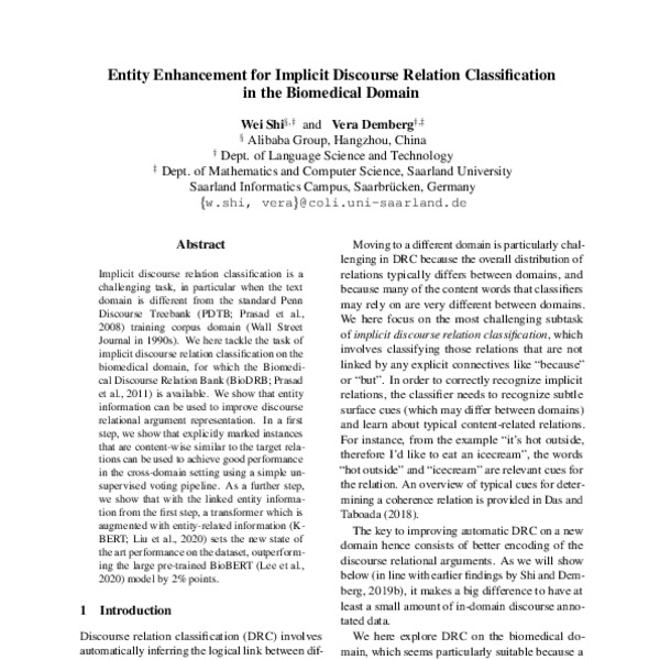 Entity Enhancement for Implicit Discourse Relation Classification in the Biomedical Domain - ACL ...