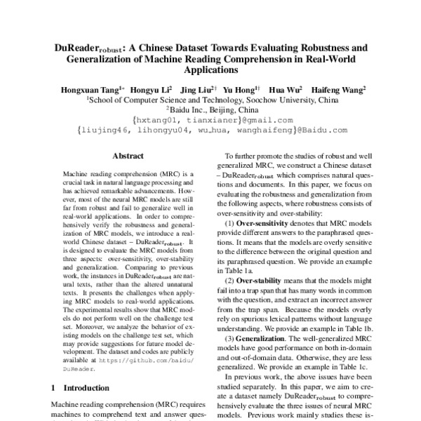 DuReader_robust: A Chinese Dataset Towards Evaluating Robustness and Generalization of Machine ...