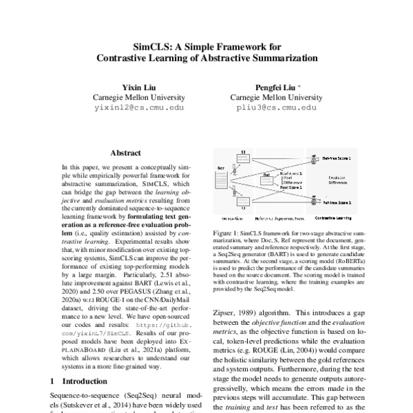 Simcls A Simple Framework For Contrastive Learning Of Abstractive