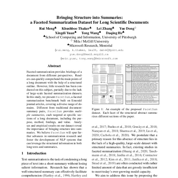 Bringing Structure into Summaries: a Faceted Summarization Dataset for ...