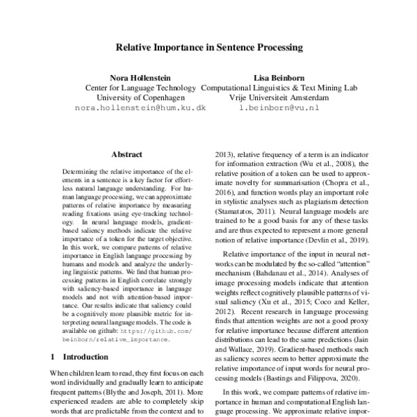 Relative Importance in Sentence Processing - ACL Anthology