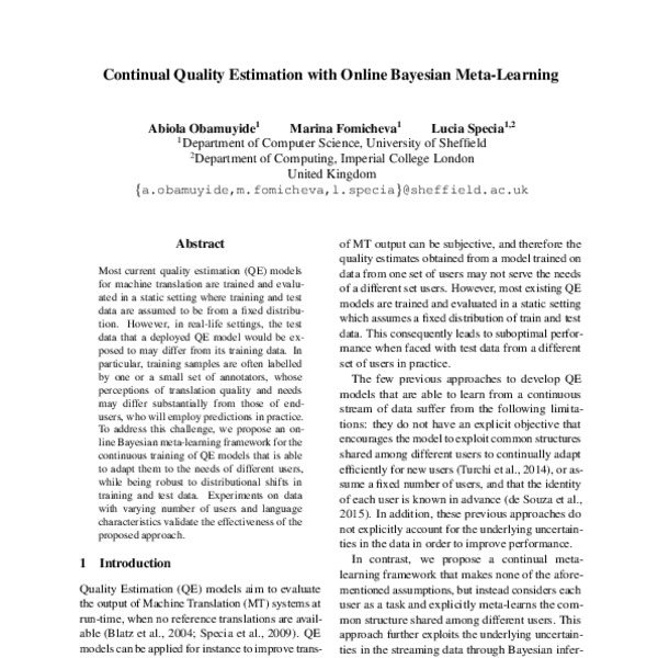 Continual Quality Estimation With Online Bayesian Meta Learning Acl