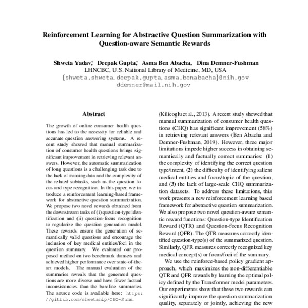 Reinforcement Learning for Abstractive Question Summarization with Question-aware Semantic ...