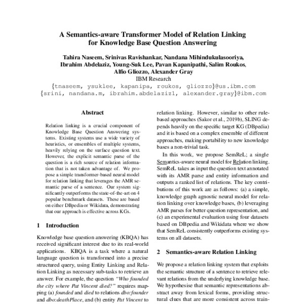 A Semantics Aware Transformer Model Of Relation Linking For Knowledge