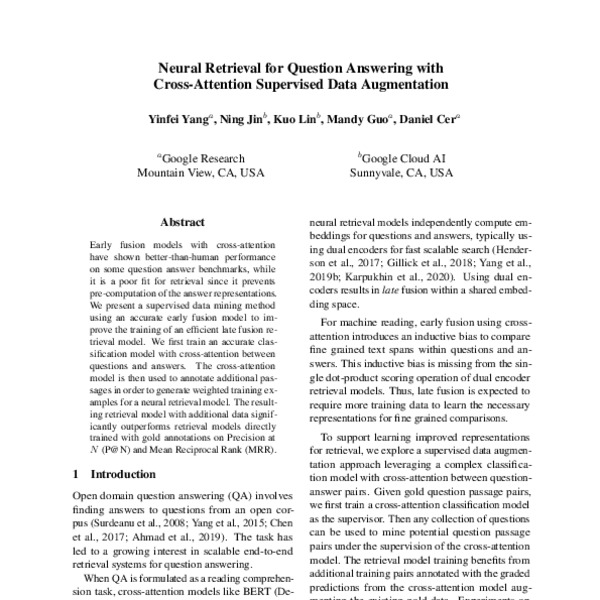 Neural Retrieval For Question Answering With Cross Attention Supervised Data Augmentation Acl
