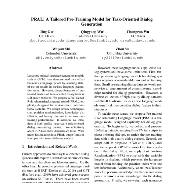 Pral A Tailored Pre Training Model For Task Oriented Dialog Generation Acl Anthology
