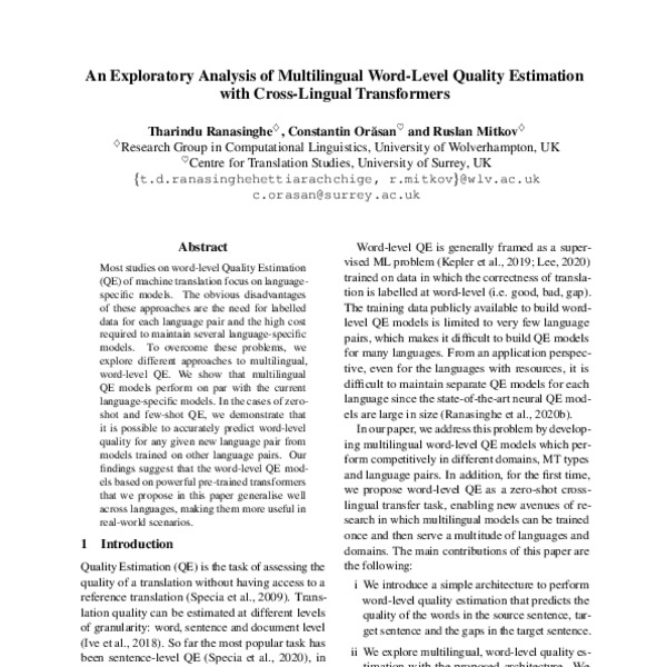 An Exploratory Analysis Of Multilingual Word Level Quality Estimation With Cross Lingual